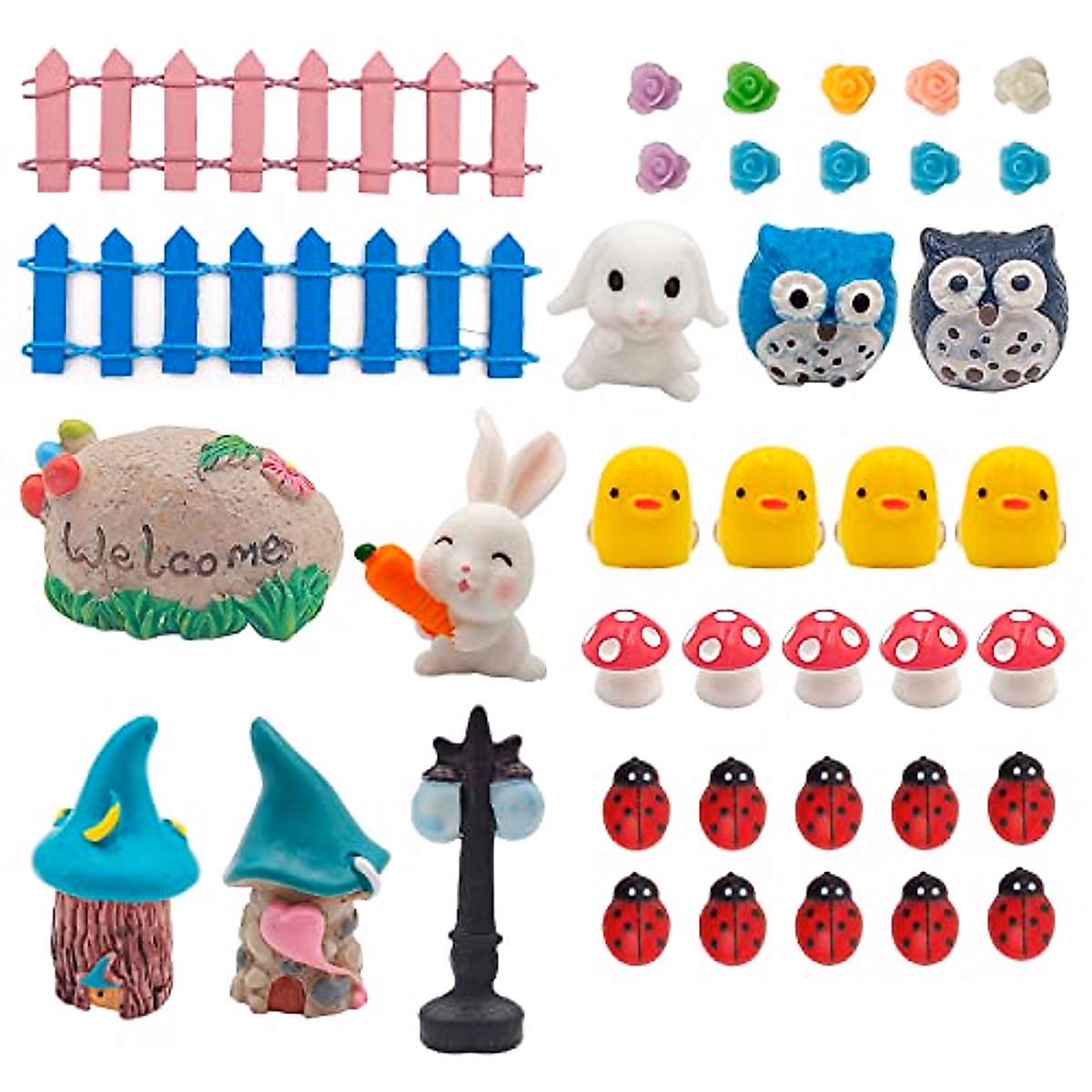 39 Pcs Miniature Fairy Garden Kit for Kids Mini Animal Miniatures Rabbit Mushroom Fairy House Garden Accessories,Micro Landscape Ornaments DIY Kit Environmental Resin Miniatures Terrarium Decor