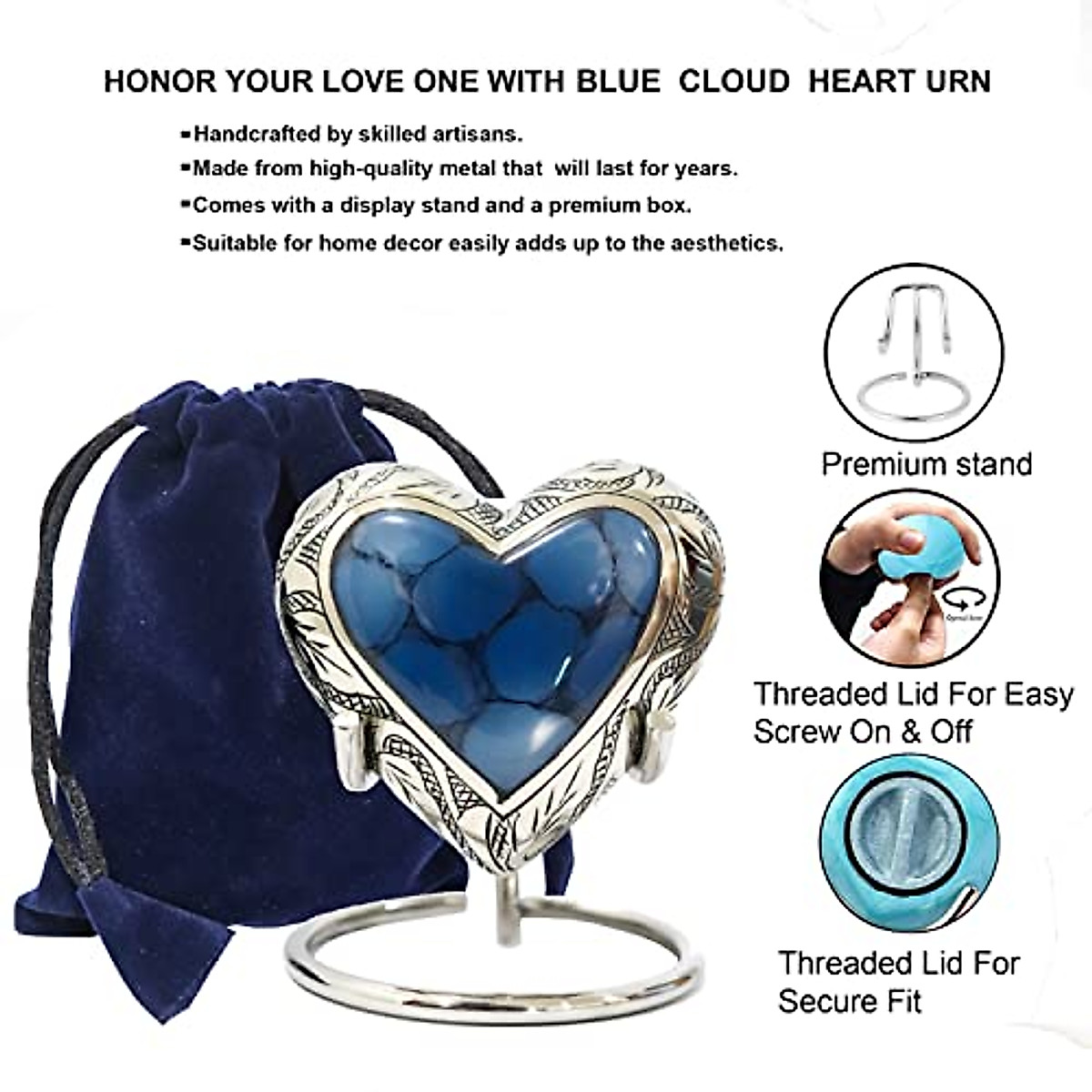 THE ASCENT MEMORIAL Small Love Heart Urn for Human Ashes | Mini Keepsake Funeral Ash Container for Human Remains with Display Stand, Velvet Carry Bag, Paper Funnel and Beautiful Gift Box