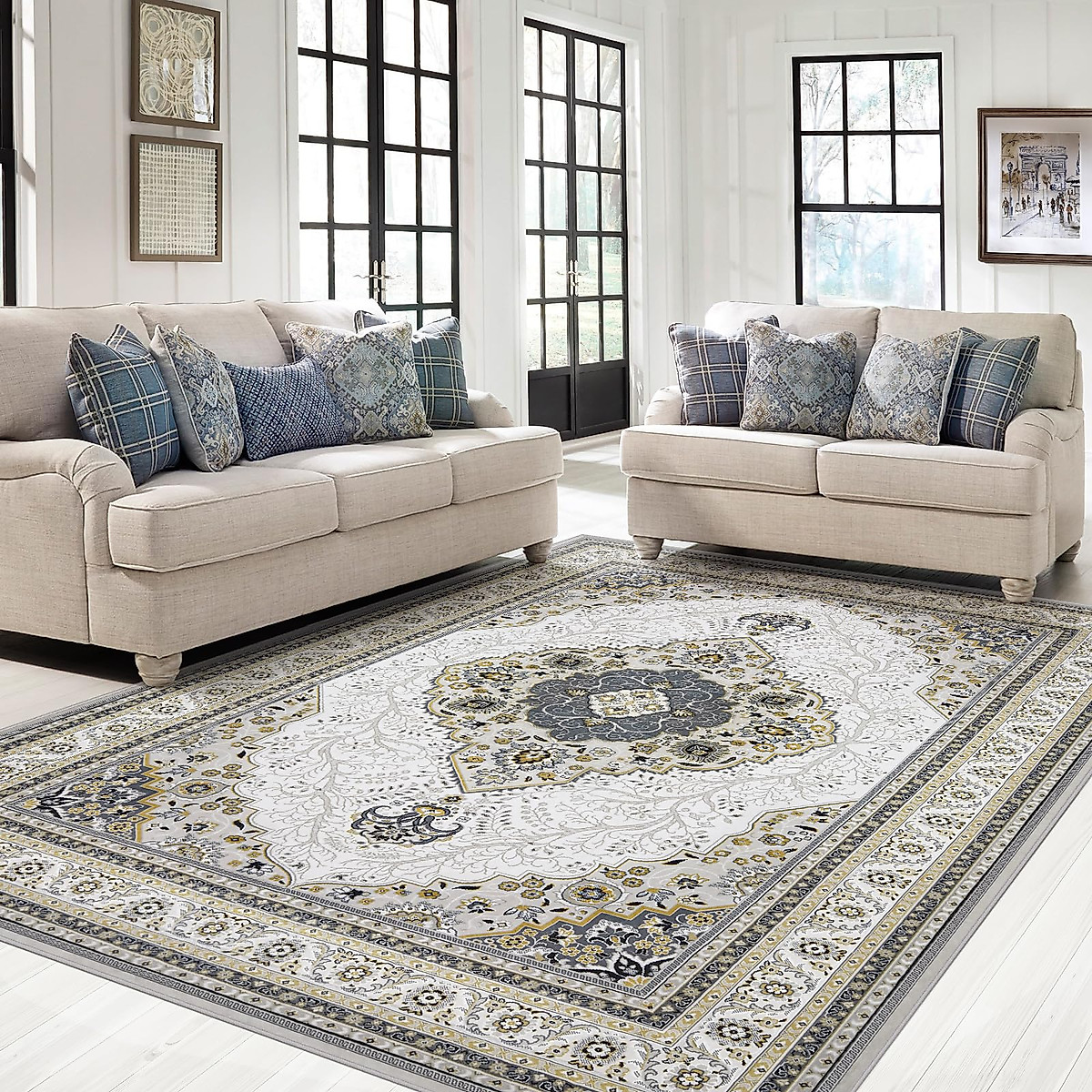 Aelenmu Washable Rugs for Living Room: 9x12 Area Low Pile Soft Rug with Non-Slip Backing Non-Shedding, Medallion Floor Carpet Bedroom Dining Room Nursery Home Office-Beige