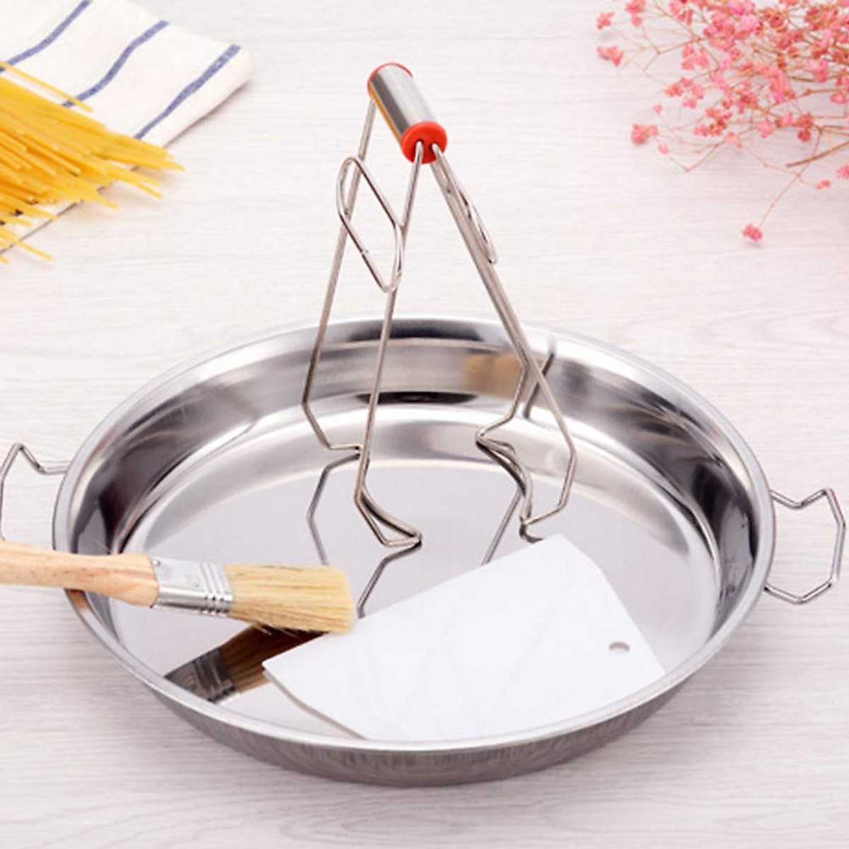 Hemoton 4pcs Stainless Steel Everyday Pan Cold Noodle Plate Chef Stir Fry Pan Steamer Pot Saucepot Casserole Pot Tray Dish with Handles for Home Kitchen Food Serving