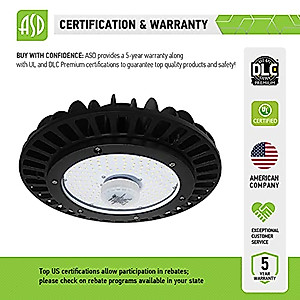 ASD UFO High Bay LED Shop Light Fixture with Motion Sensor, 150 watt 22912lm 5000K, 1-10V Dimmable, 120V 277V Work Light, Commercial Bay Lighting, Waterproof, Safety Cable Included UL/DLC Premium