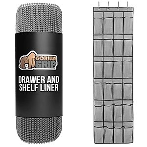 Gorilla Grip Drawer and Shelf Liner and Over The Door Shoe Organizer, Shelf Liner Size 12 in x 20 FT, Strong Grip, Shoe Holder Size 24 Mesh Pocket, Nonslip Holder, Both in Gray, 2 Item Bundle