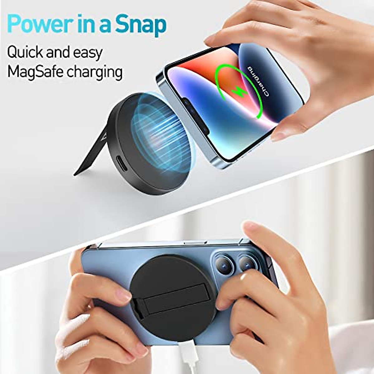 Magnetic Wireless Charger with Kickstand 15W, for MagSafe iPhone 14/14 Plus/14 Pro/14 Pro Max/13/13 Mini/13 Pro/13 Pro Max/12/12 Mini/12 Pro/12 Pro Max, Aluminum Round Mag Charging Pad, Black