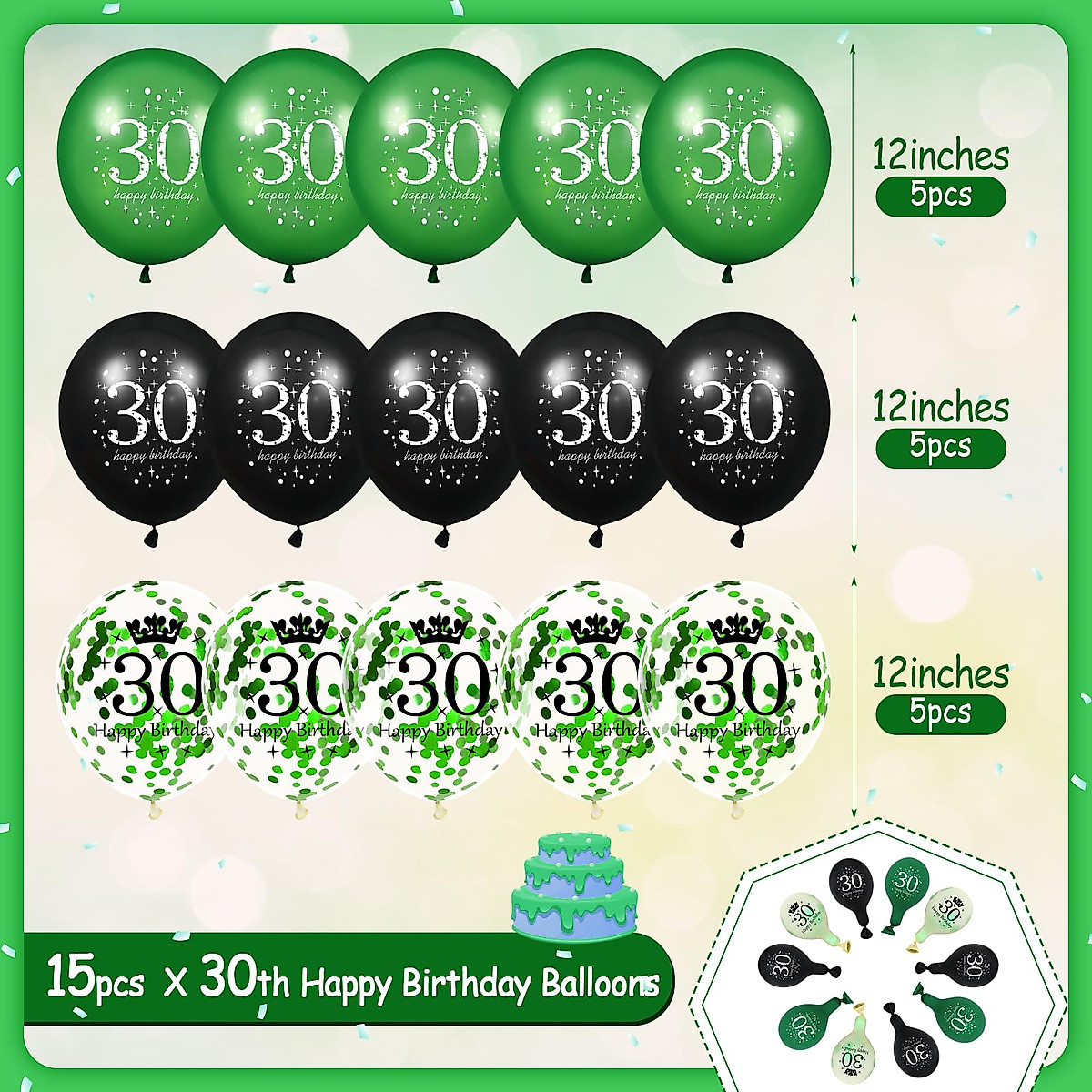 30th Green Birthday Balloons Decorations,15PCS Green and Black 30th Happy Birthday Balloons for Women Men 30 Years Old Anniversary Party Latex Inflatable Clear Confetti Balloon Indoor Outdoor Supplies