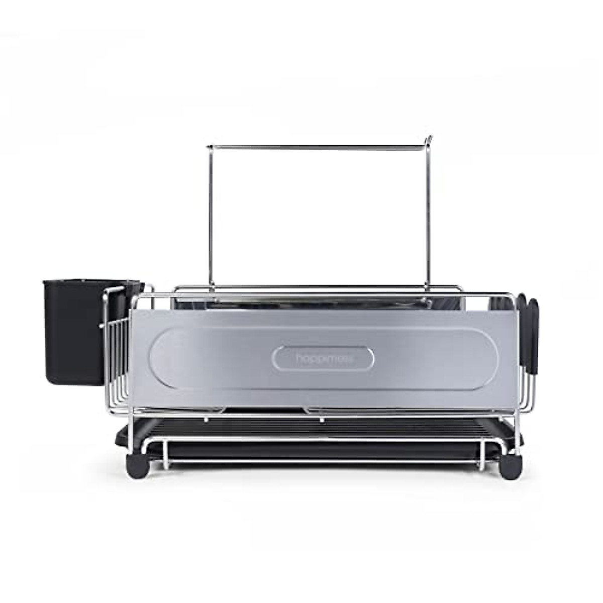 happimess DSH1000A Compact 17.25" Fingerprint-Proof Stainless Steel Dish Drying Rack, Dish Rack with Wine Glass Holder, Utensil Holder, Stainless Steel/Black, Silver/Black