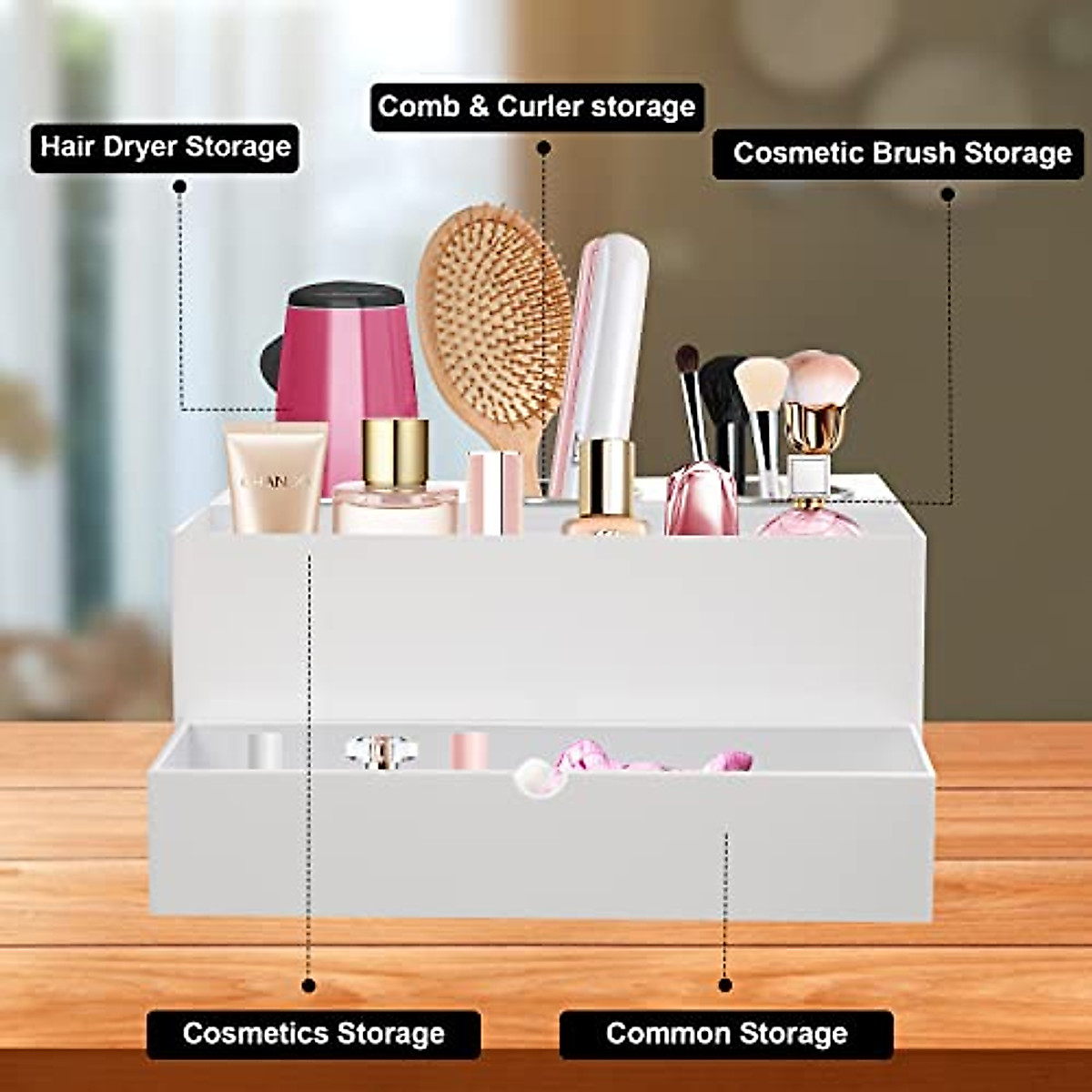 Hair Tool Organizer Acrylic Blow Dryer Holder,Hair Product Organizer, Hair Dryer Holder Bathroom Countertop Drawer Organizer Trays For Hair Styling Tools,Curling Iron,Blow Dryer,Straightener,White