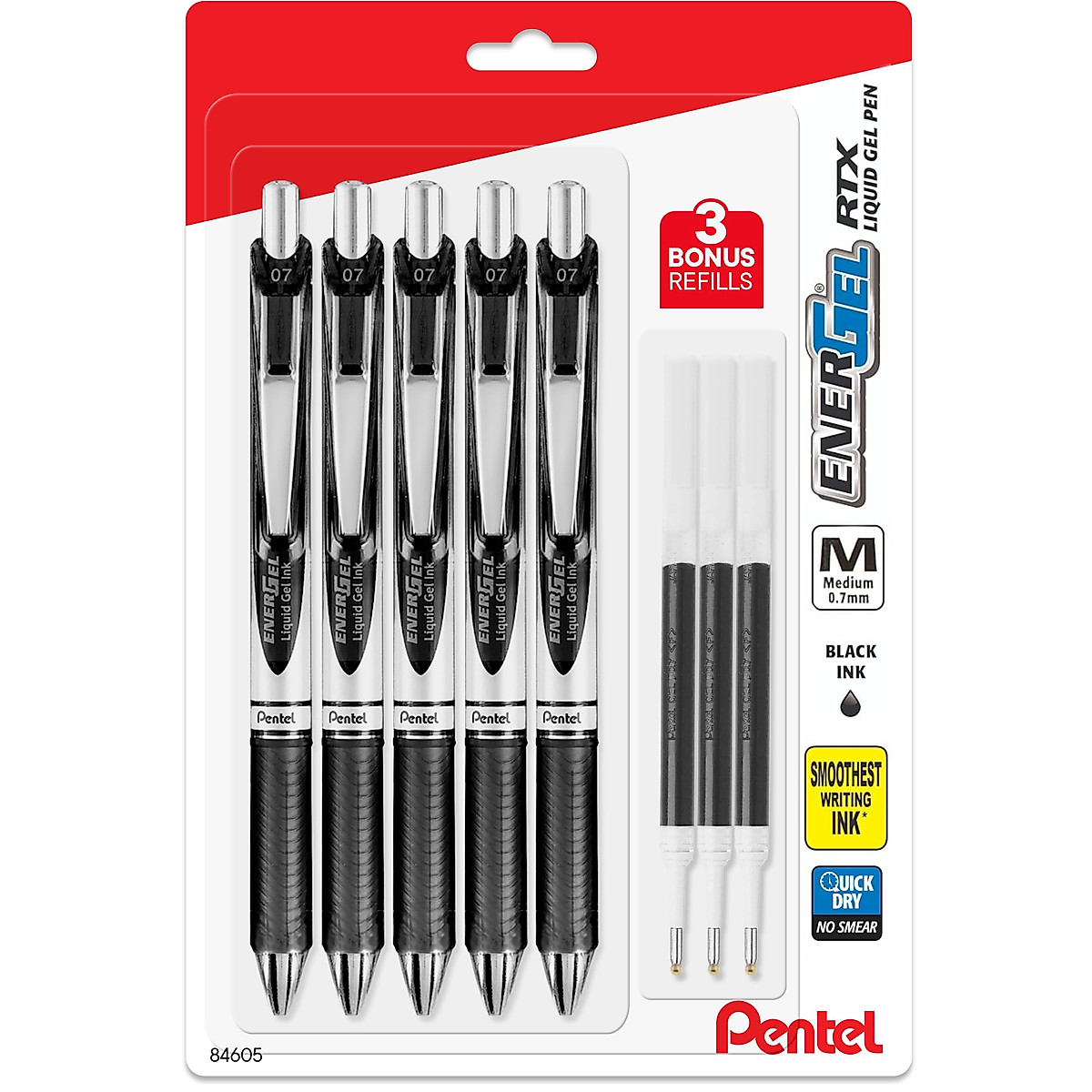 Pentel EnerGel Liquid Gel Ink Pens 0.7 mm - Pack of 5 Black Deluxe RTX Pens with 3 Refills