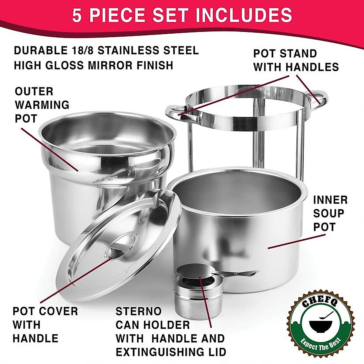 7 Qt Marmite Soup Chafer with 6 Oz ladel Stainless Steel Buffet Set Warmer for Any Event or Party - Commercial Grade CHEFQ