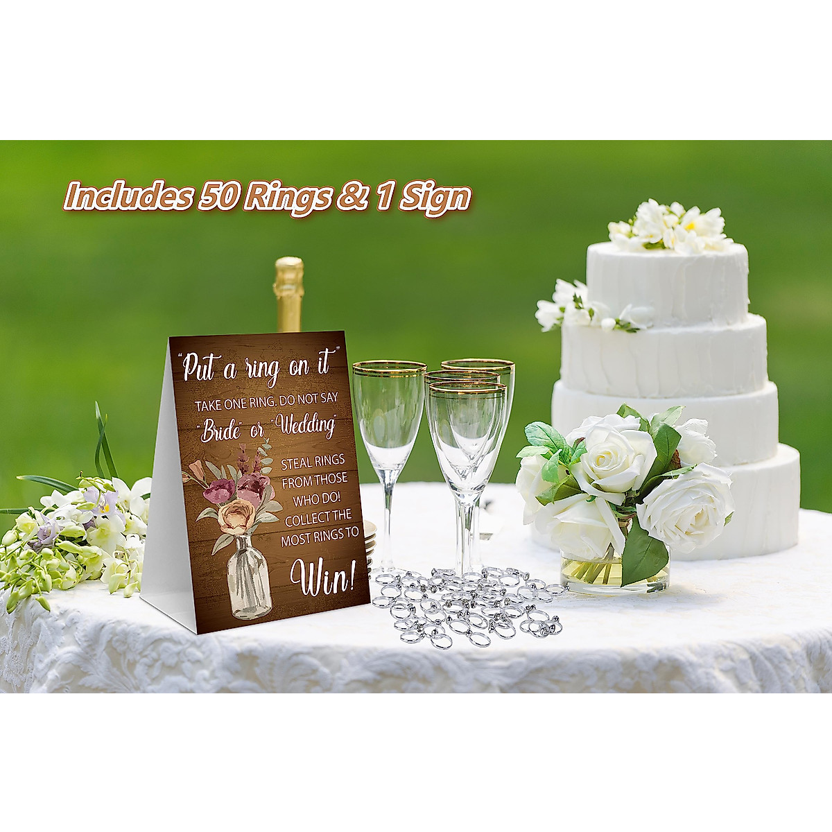 Rustic Bridal Shower Theme Decorations,Put A Ring On It Game,Don't Say Bride Games,Bridal Shower Games,Wedding Shower,Engagement Party Games(1 Sign And 50 Plastic Diamond Rings)-5