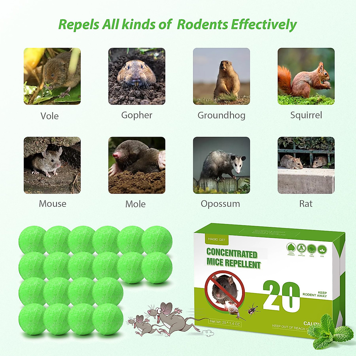 MAGIC CAT Rodent Repellent 20 Pack, Natural Peppermint Oil to Repel Mice & Rats for House Pet Family Safe, Rat Deterrent Mouse Stopper for Closet Garage Boat Car RV Truck Indoor Outdoor Rodent Control