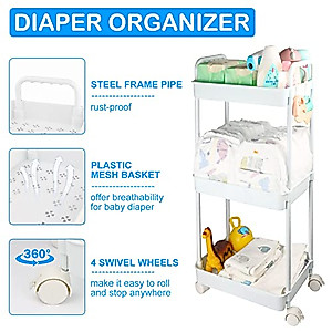 Volnamal Baby Diaper Cart, Plastic Baby Diaper Caddy Baby Organizer for Nursery Diaper Cart with Wheels Baby Essentials Storage Cart, White