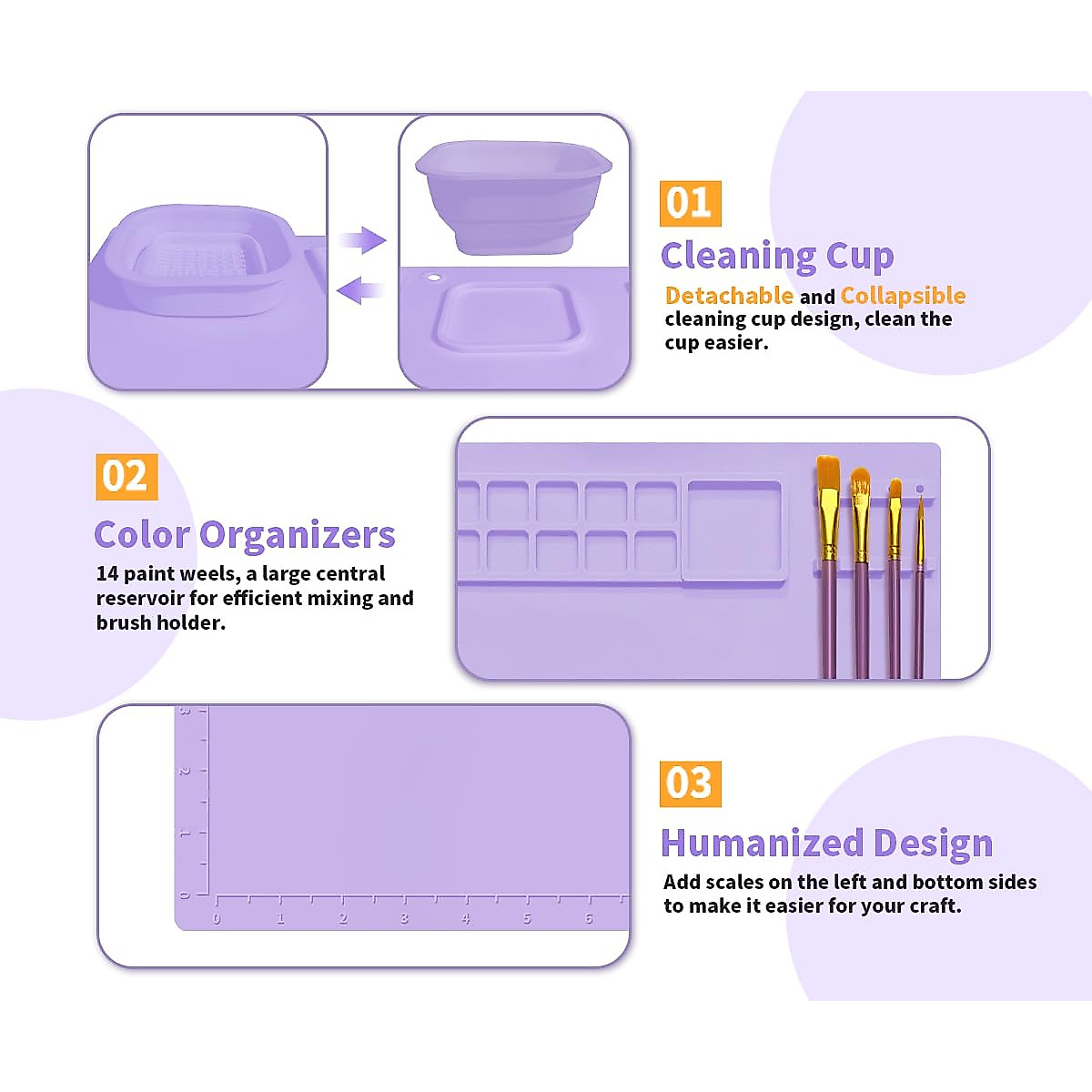 TobNeo Silicone Painting Mat with Detachable Cleaning Cup, 20"x16" Silicone Art Mat Non-Stick Silicone Craft Mat with 10 Brushes, Sponge, Drawstring Bag for Paint, Art, Clay, DIY(Purple)