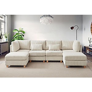 MYINDA U Shaped Sectional Couches for Living Room, 110 Inch Modular Sectional Sofa with Movable Ottoman, Corduroy Oversized Living Room Furniture Sets (Beige)
