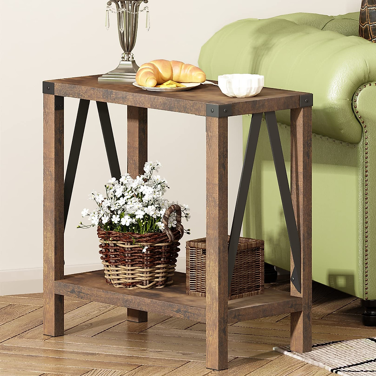ChooChoo Farmhouse End Table for Small Spaces, Narrow Side End Table with Storage Shelf, Rustic A-Design Nightstand Sofa Table for Living Room, Bedroom (Rustic Brown) 2 Pack