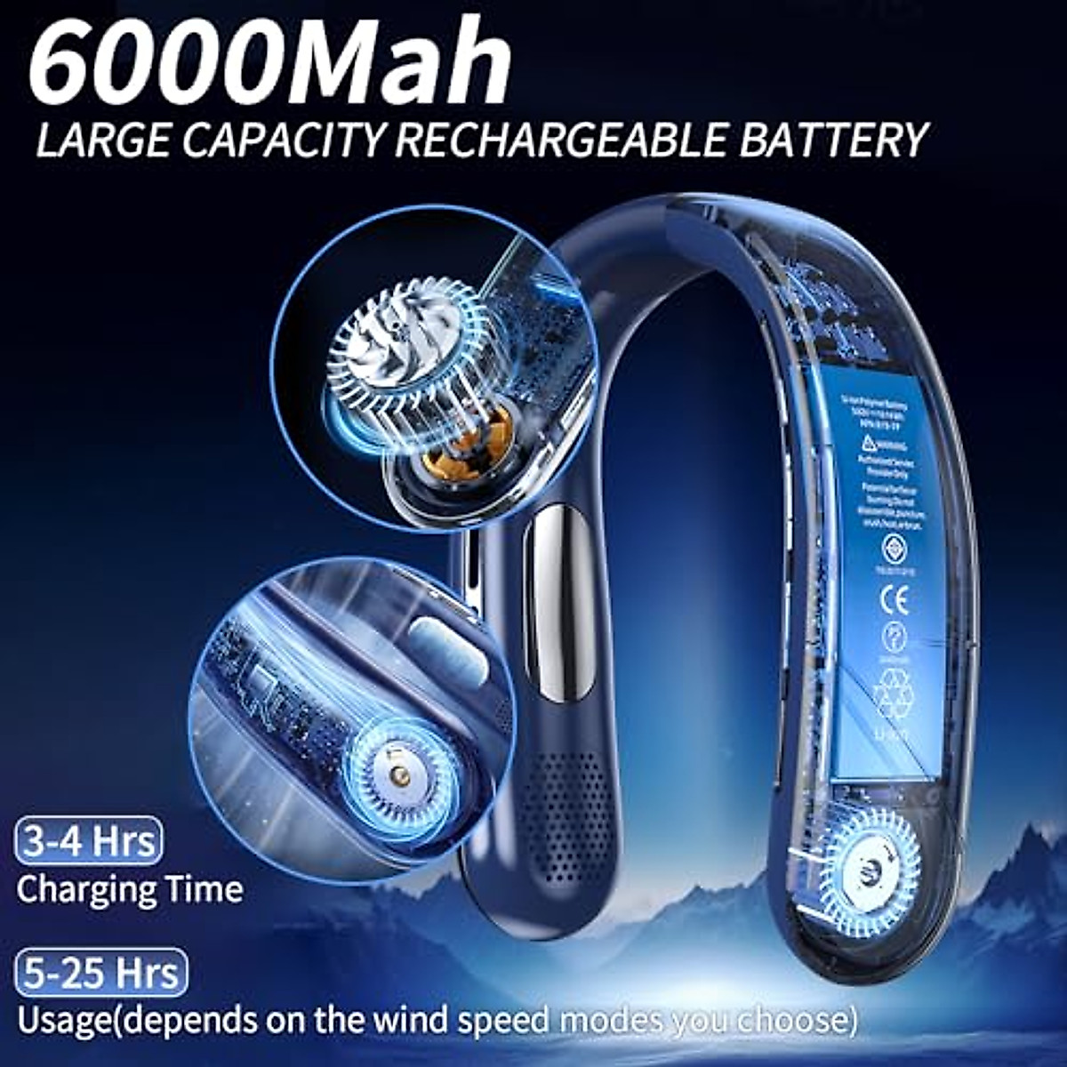 liusoreg Portable Neck Fan 6000mah Hands Free Bladeless Fan Personal Air Conditioner Cooling Neck Cooler Rechargeable Blow Cold Wearable Fan Around Your Neck Men Women Travel Essentials Gift