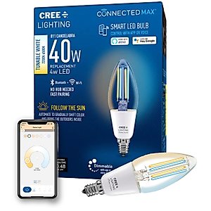 Cree Connected Max Smart Led Vintage Glass Filament Bulb B11 Candelabra 40W Tunable White, 2.4 Ghz, Works with Alexa and Google Home, No Hub Required, Bluetooth + WiFi, 1Pk (Cmb11-40W-Al-9Tw-Gl)
