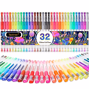 Glitter Gel Pens, 32-Color Neon Glitter Pens Fine Tip Art Markers Set 40% More Ink Colored Gel Pens for Adult Coloring Book, Drawing, Doodling, Scrapbook, Journaling, Sparkle Gel Pen Gift for Kids