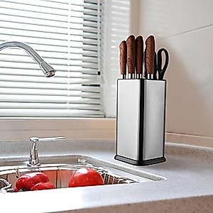 Universal Knife Block Without Knives,Modern Knife Holder for Kitchen Counter,Stainless Steel Knife Organizer with Scissors Slot & Sharpening Rod,Space Saver Rectangular Blocks & Storage - (Silver)