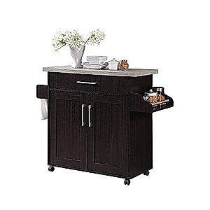 Hodedah Kitchen Island with Spice Rack, Towel Rack & Drawer, Chocolate with Grey Top