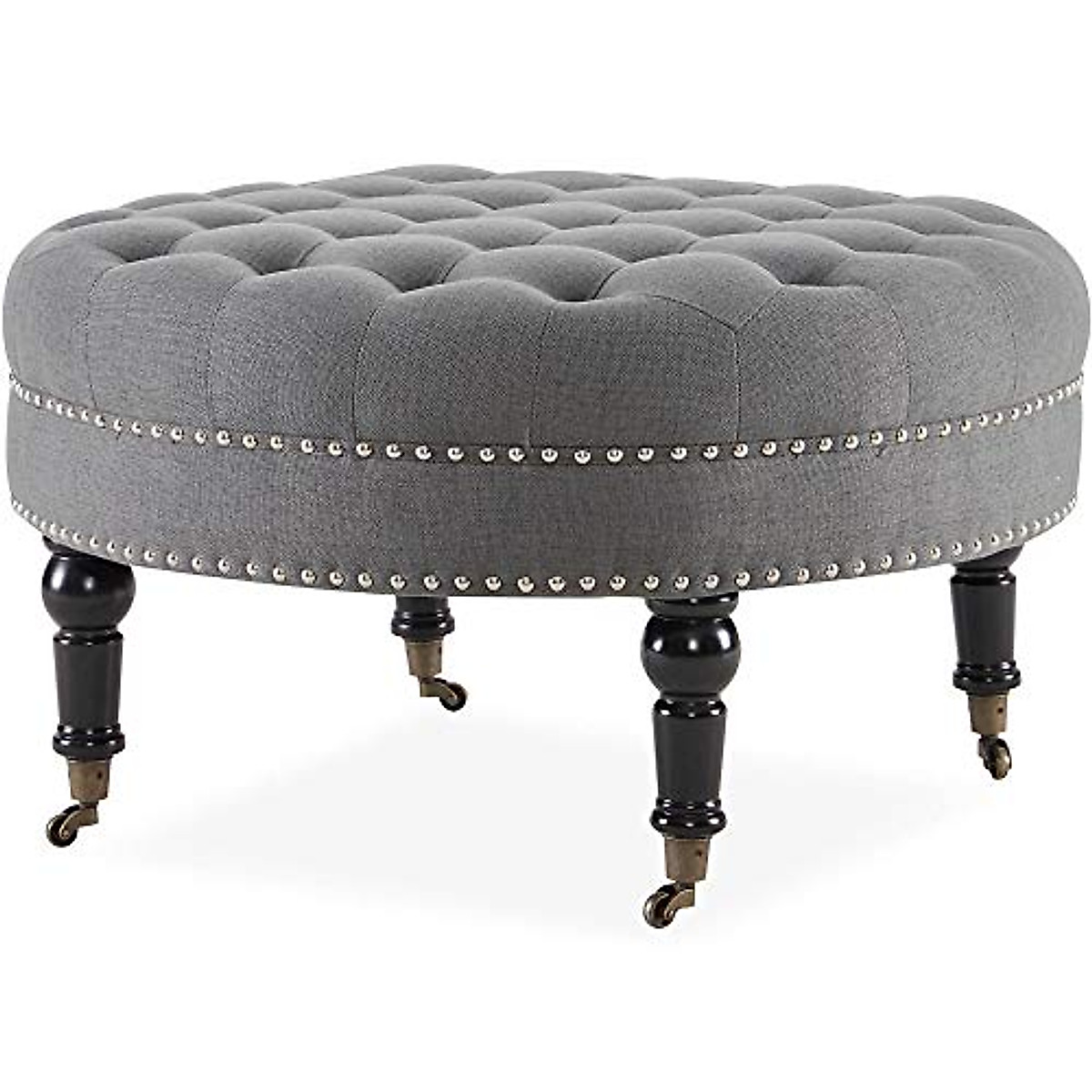 BELLEZE Modern 34 Inch Round Linen Ottoman with Caster Wheels, Contemporary Classic Footsool Bench with Button Tufted Top, Nailhead Trim, Wood Legs - Ravenna (Elephant Grey)