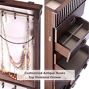 HOMGX Cabinet Chest, Makeup Mirror and Top Divided Storage Organizer, Large Standing Jewelry Armoire with 7 Drawers, 2 Swing Doors, 12 Necklace Hooks