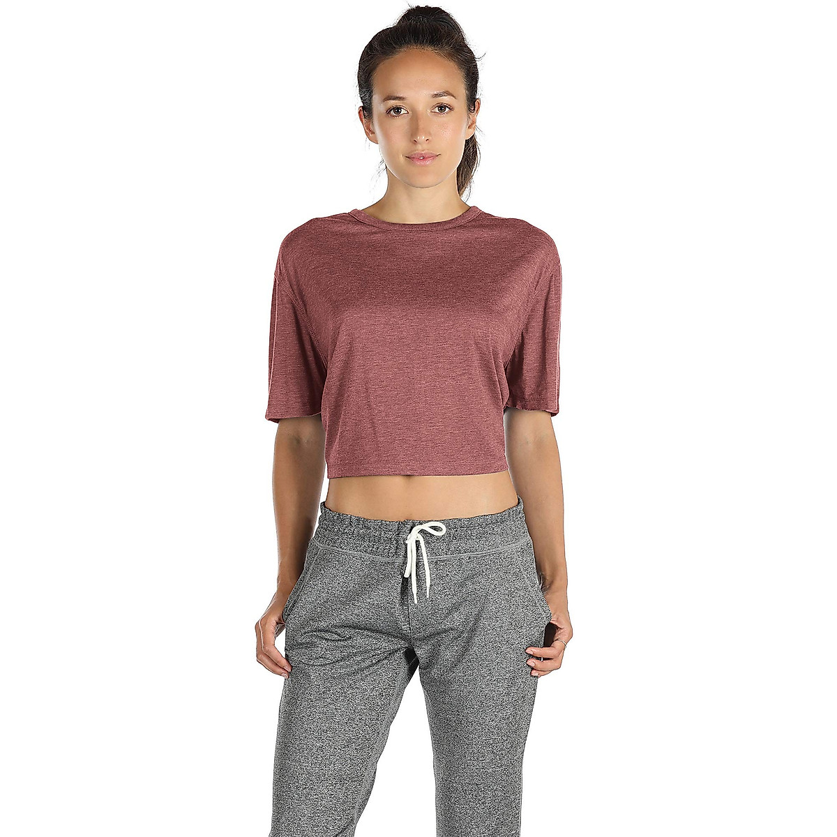 icyzone Open Back Workout Top Shirts - Yoga t-Shirts Activewear Exercise Crop Tops for Women (M, Burgundy)