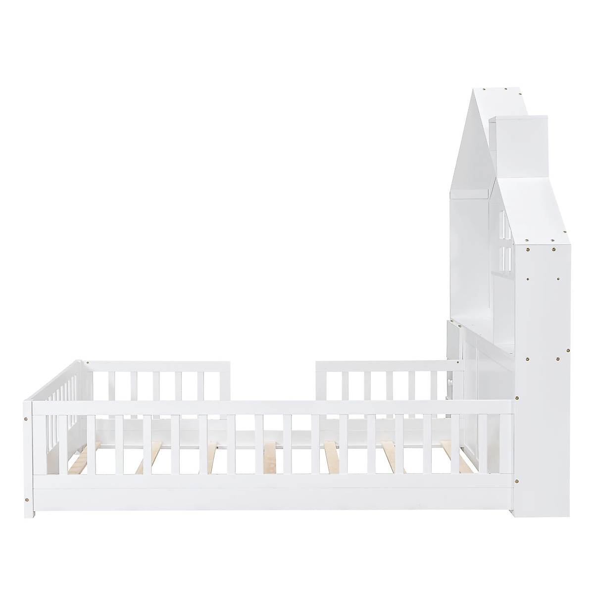 Harper & Bright Designs Full Floor Bed for Kids, Wood Montessori Floor Bed with Rails,Full House Bed with Window and Bedside Drawers,Kids Full Bed with Shelves and a Set of Sockets and USB Port,White