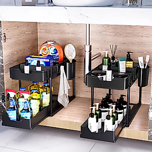 Puricon 2 Pack Under Sink Organizers and Storage 2-Tier Double Sliding Pull-out Drawer, Under the Sink Organizer Kitchen Multi-purpose Under Bathroom Sink Shelf Storage Rack for Cabinet -Black