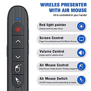 DINOSTRIKE Wireless Presenter Remote with Air Mouse Control, Rechargeable USB Presentation Clicker PPT Pointer RF 2.4GZ PowerPoint Clicker Slide Advancer for Computer Laptop Mac