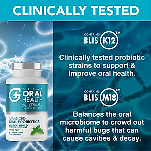 Oral Probiotics for Mouth Bad Breath Treatment for Adults: Dentist Formulated Advanced Oral Probiotics for Teeth and Gums with BLIS K12 M18-60 Chewable Oral Health Probiotics Supplement Tablets Mint