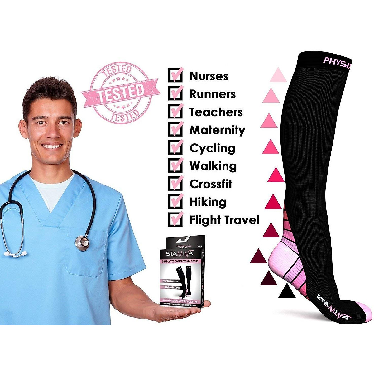 Physix Gear Compression Socks 20-30 mmHg - Men & Women - Running, Nurses, Shin Splints, Flight, Travel (BLACK / PINK-L/XL)