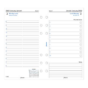 Filofax Refill, Personal/Compact Size, Day on Two Pages with Appointments, White Paper, Bilingual, 2022 (C68417-22)