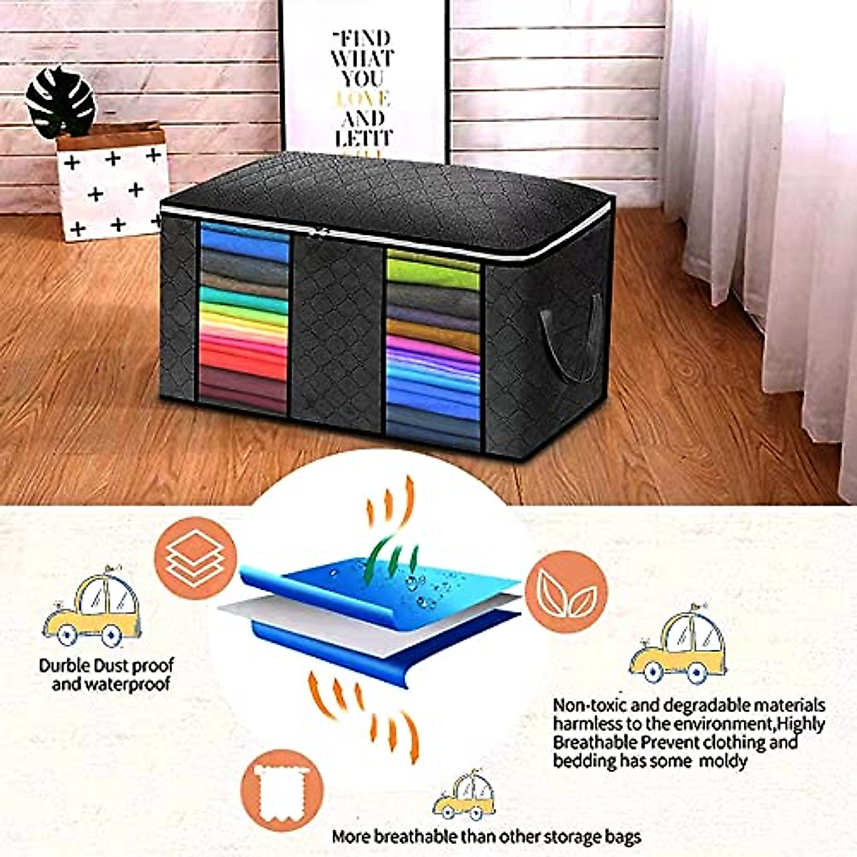 Large Capacity Clothes Storage Bag Organizer with Reinforced Handle Thick Fabric for Comforters, Blankets, Bedding, Foldable with Sturdy Zipper, Clear Window, 3 Pack, 90L (Black)