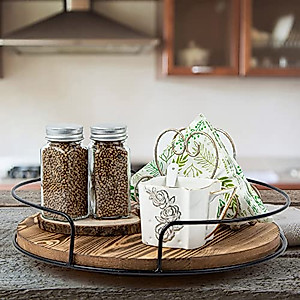 12 Inch Wood Lazy Susan Turntable for Table, Kitchen Rustic Turntable Organizer with Steel Frame, 360 Degree Decorative Turntable for Countertop Cabinet or Centerpieces