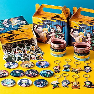 Birthday Party Supplies, 100Pcs Party Favors, Include 10 Gift Case,10 Bracelets,10 Button Pins, 10 Silicone Wristband, 10 Key Chains and 50 Stickers for Kids Anime Themed Party