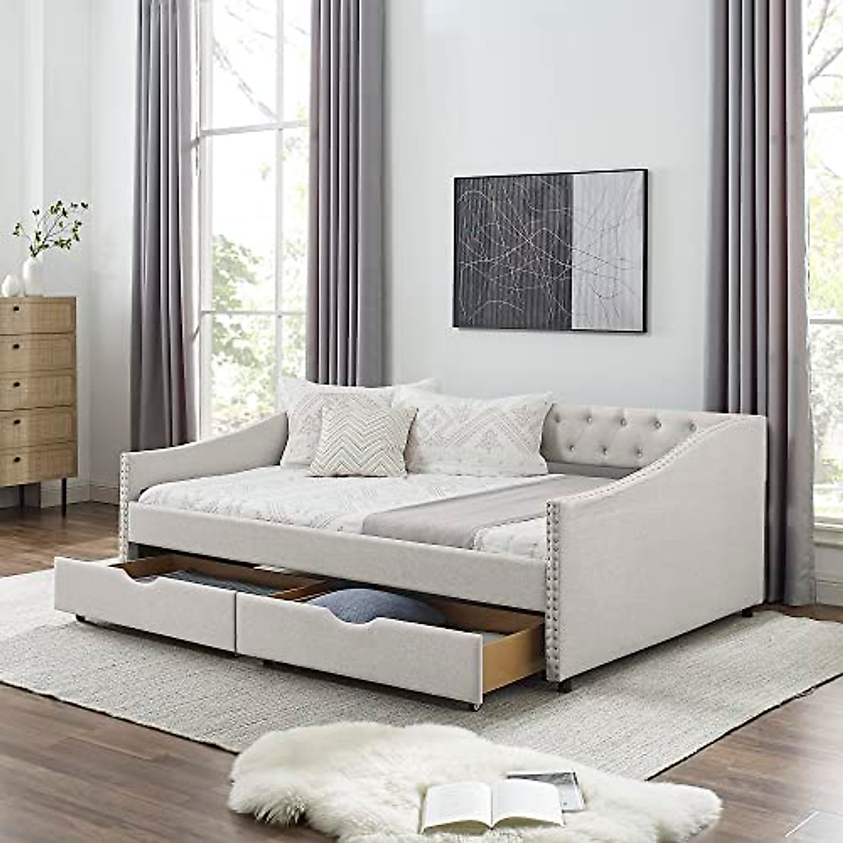 GEEVIVO Daybed with Two Storage Drawers,Full Size Upholstered Tufted Sofa Bed with Nailhead Trim,Mid-Century Twin Wood Sofa Bed for Living Room,Guest Room,Bedroom