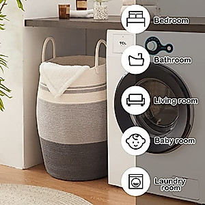 OIAHOMY Laundry Hamper Woven Rope Large Clothes Hamper 25.6" Height Tall Laundry Basket with Extended Handles for Storage Clothes Toys in Bedroom, Bathroom, Foldable (Dark Grey)