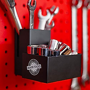 MADD Tools Peg Board Tape Measure Holder Accessory Kit - Includes Pencil Box and Carpenter Square/Triangle Holder – Black Pegboard Accessories with Heavy Duty Peg Board Hooks – 16 Gauge Steel