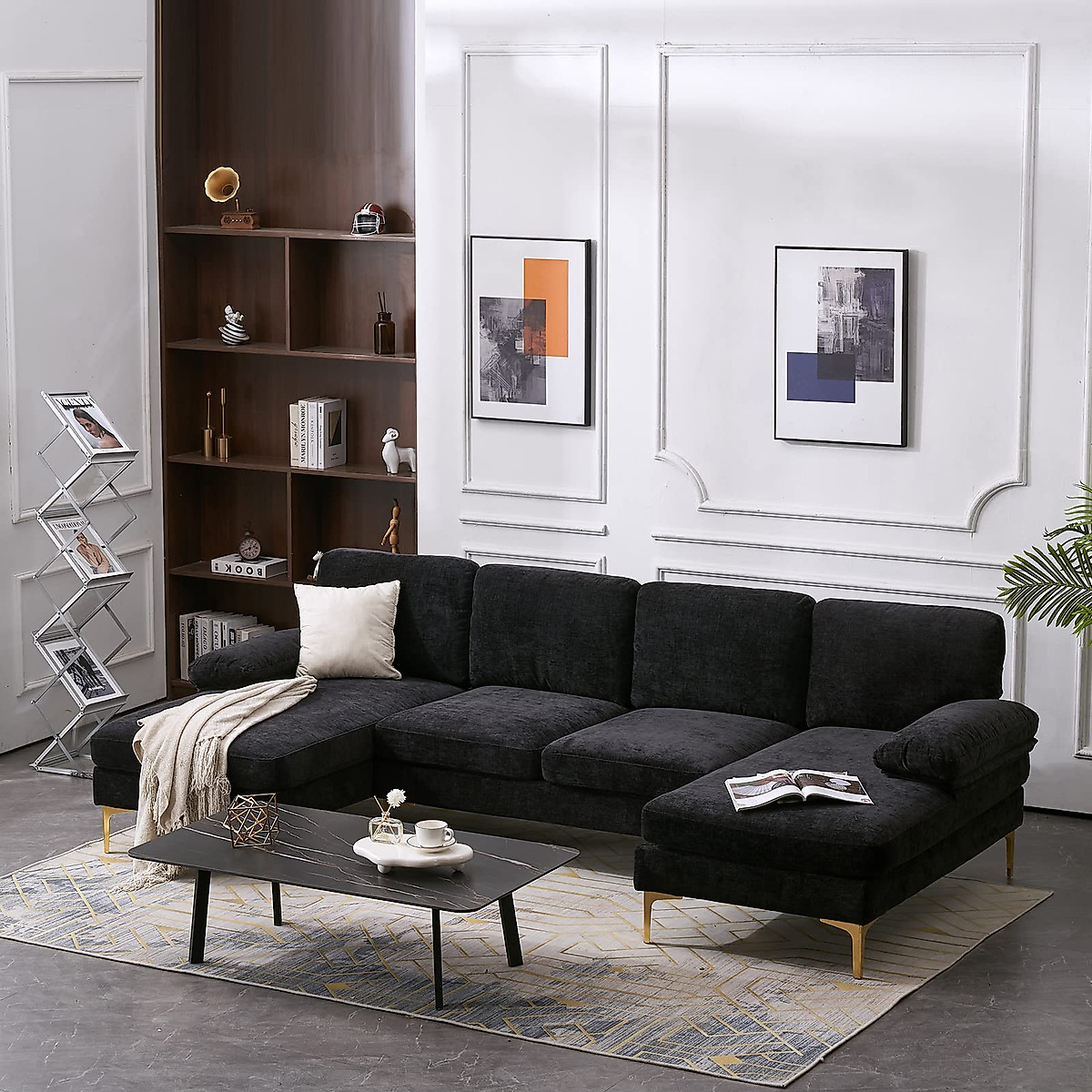 VERYKE U Shape Sectional Sofa Couch,Modern 110'' Chenille Fabric Sectional Couch Sofa, Upholstered Sofa Bed with Golden Metal Legs for Living Room