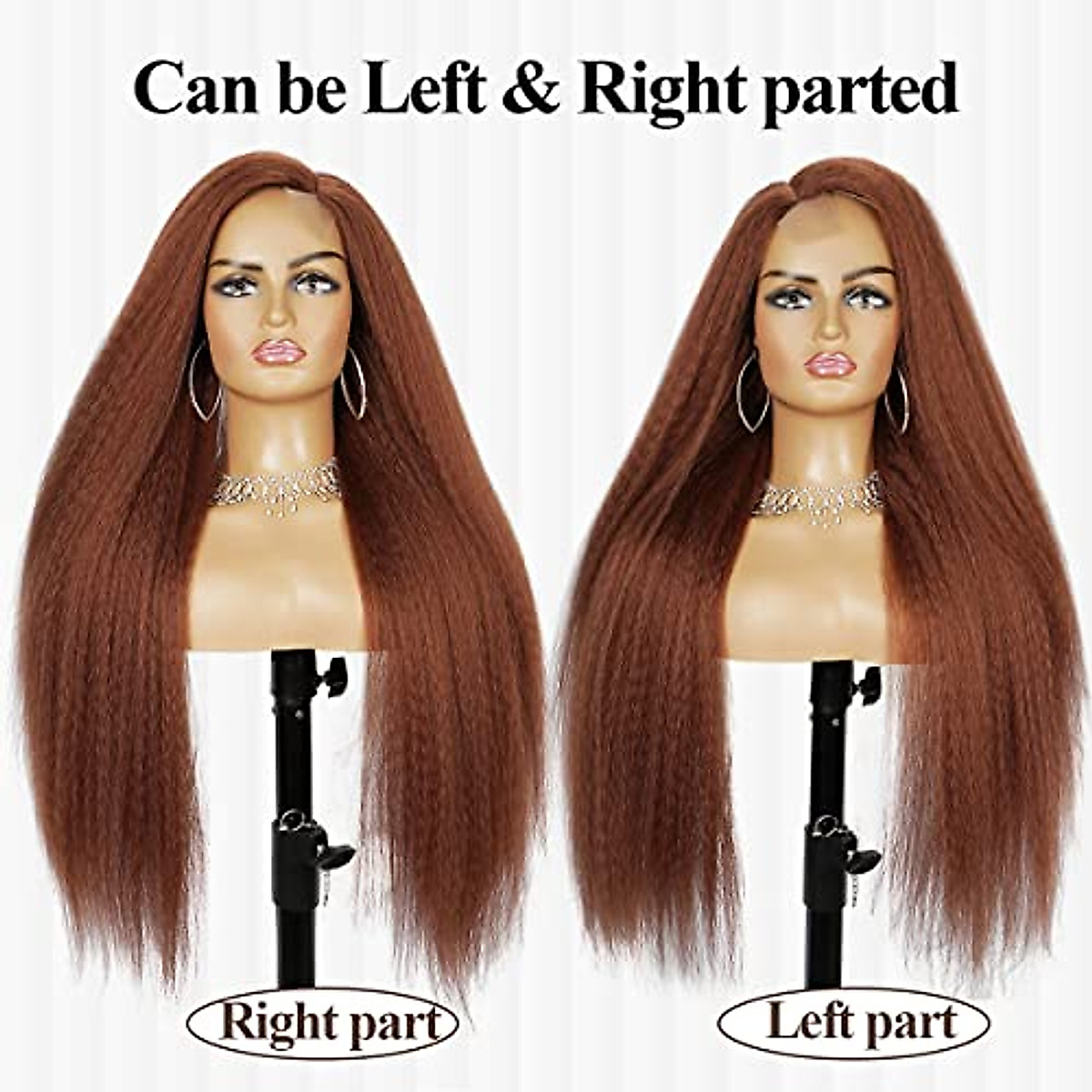 NOSTALGIA 32 Inch Copper Brown Kinky Straight Wig - Natural Kinky Wig for Black Women - Yaki Straight Hair Wig - Synthetic Middle Part Wigs - Daily Party Wig