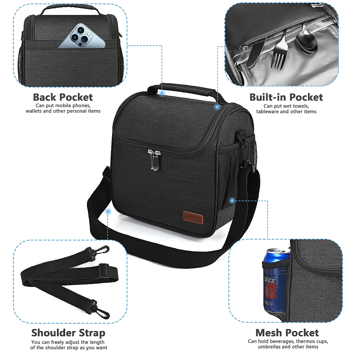 MIYCOO Insulated Lunch Box for Women Men Leakproof Girls and Boys Lunch Bag for School Outdoor Work with Shoulder Belt, (Black,11L)