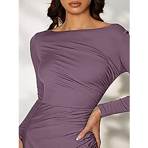 Floerns Women's Solid Boat Neck Long Sleeve Ruched Side Party A Line Long Dress Mauve Purple S