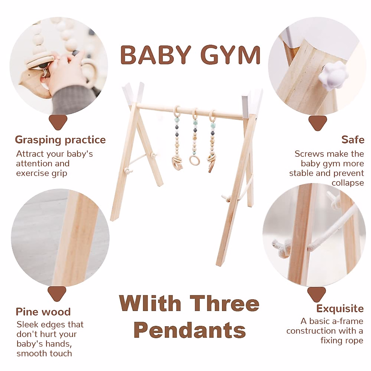 Wooden Baby Gym with 4 Baby Sensory Toys Foldable Baby Play Activity Gym Frame Hanging Bar Newborn Gift