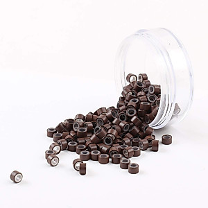 200Pcs Beads Silicone Aluminium Micro Nano Rings 5.0x3.0x3.0 mm Lined For I Tip/Nano Hair Extensions Tool Beads (Brown Color)