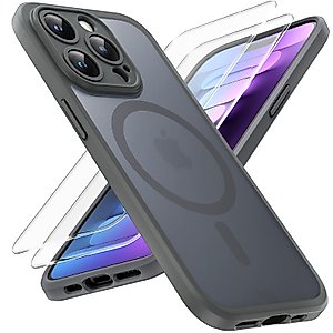 TOCOL 3 in 1 Magnetic for iPhone 15 Pro Case, Upgraded [Full Camera Protection] Fit for MagSafe [Military Grade Drop Tested] Translucent Matte Back Phone Bumper 6.1", Gray