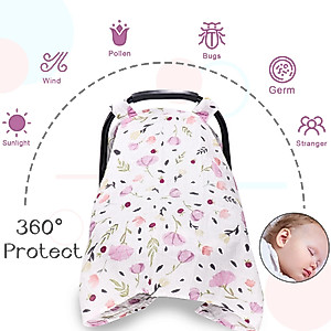 Muslin Baby Car Seat Cover for Boys Girls, Infant Car Seat Canopy, Summer Car Seat Tent Lightweight Breathable, Pink Flower