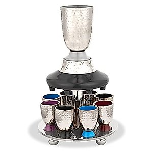 Elegant Display Kiddush Cup Wine Fountain Set - Hammered Metal with Enamel Detailing - Large Goblet, 8 Shot Cups for Shabbat, Passover, Seder, Yom Tov, Wedding Gifts by Zion Judaica (Multi Color)