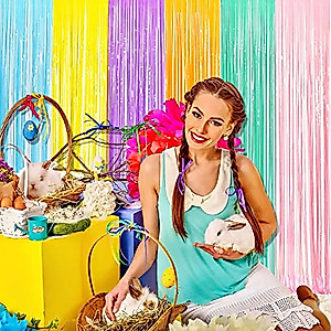 BRAVESHINE Glitter Tinsel Foil Fringe Curtains - 2Pcs 3.2x8.2ft Pastel Rainbow Photo Backdrop for Sweet Birthday Baby Shower Unicorn Mermaid Kids Candy Donut Ice Cream Easter Bunny Party Decorations