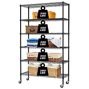 HCB 6-Tier Storage Shelf Heavy Duty Wire Shelving Unit 82"x48"x18" Height Adjustable Metal Steel Wire with Casters for Restaurant Garage Pantry Kitchen Rack (Black)