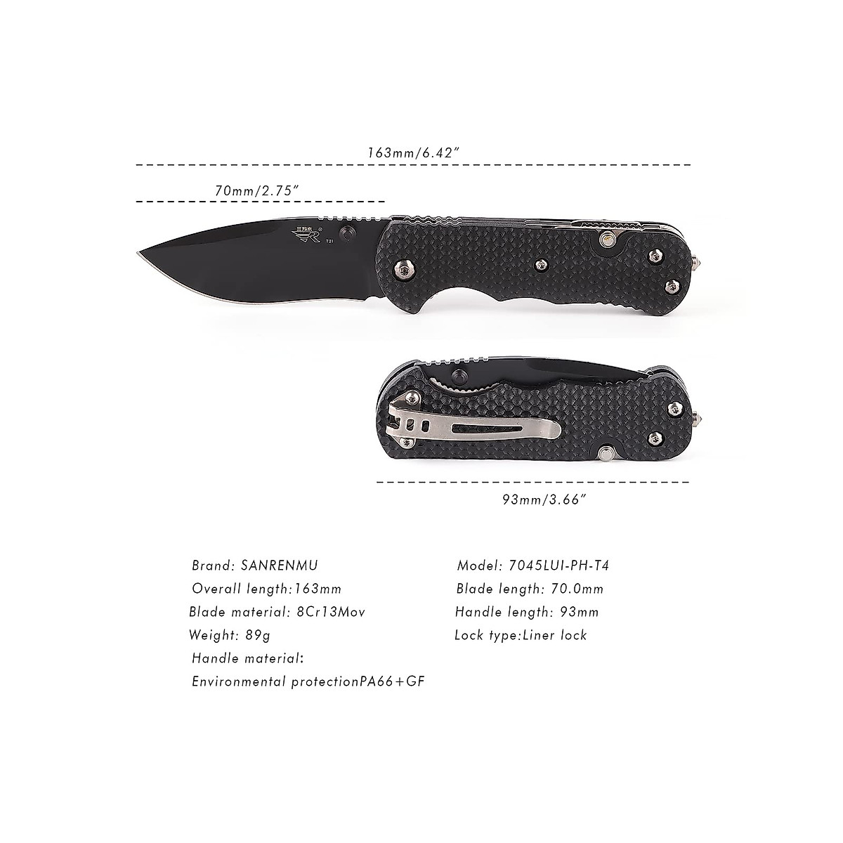 Sanrenmu Knives 7045 Pocket Folding Knife EDC Knife Multitool Bottle Opener 12C27 Blade (Black)